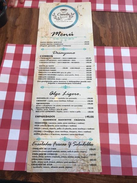 Menu at Canela restaurant, Guadalupe