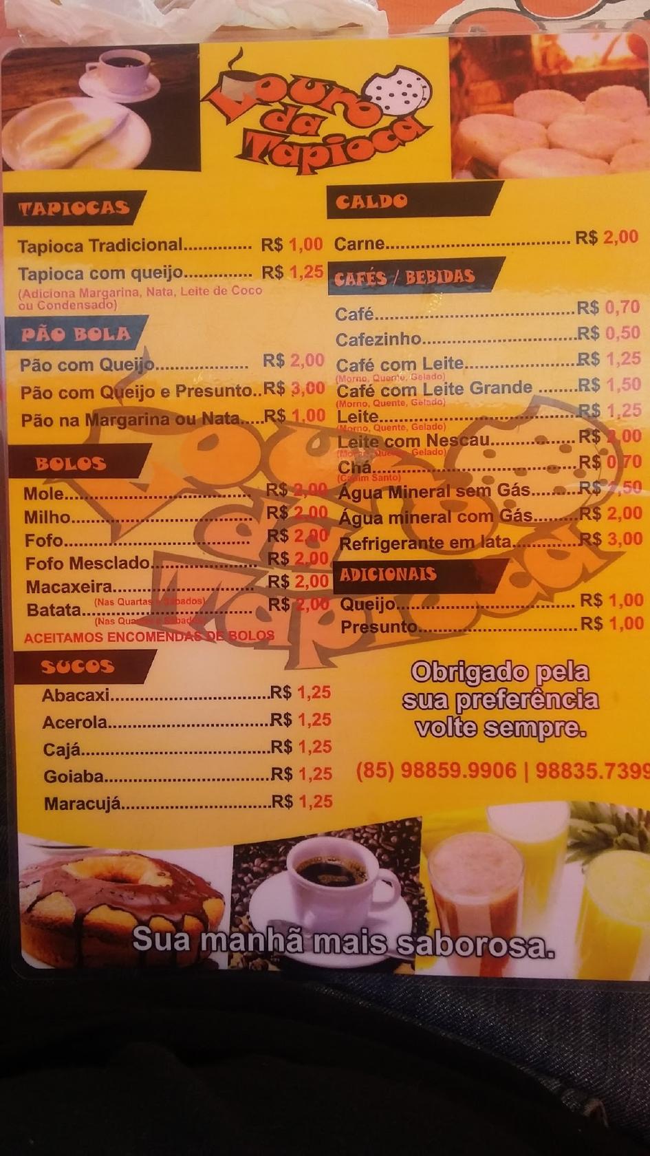 Menu at Louro Da Tapioca cafe, Fortaleza, Av. Dr. Mendel Steinbruch