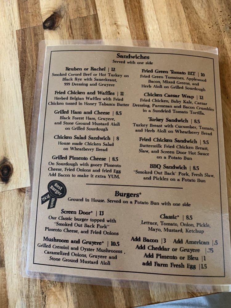 Menu at Screen Door Kitchen restaurant, Dayton