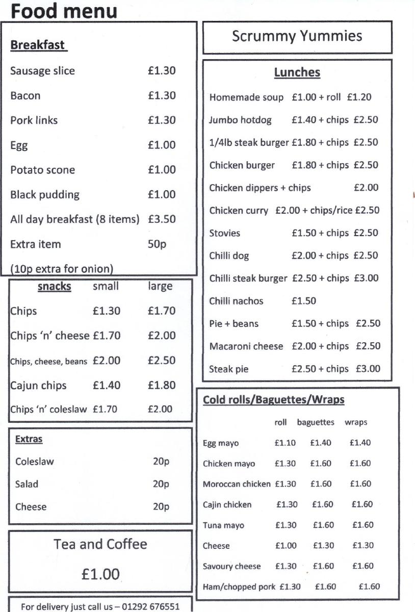 Menu at Scrummy Yummies restaurant, Troon