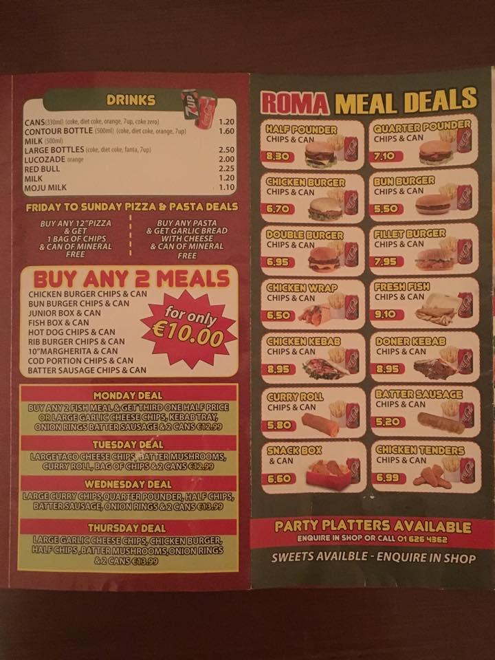 Menu at ROMA TAKEAWAY fast food, Dublin, 4 Kennelsfort Rd Lower