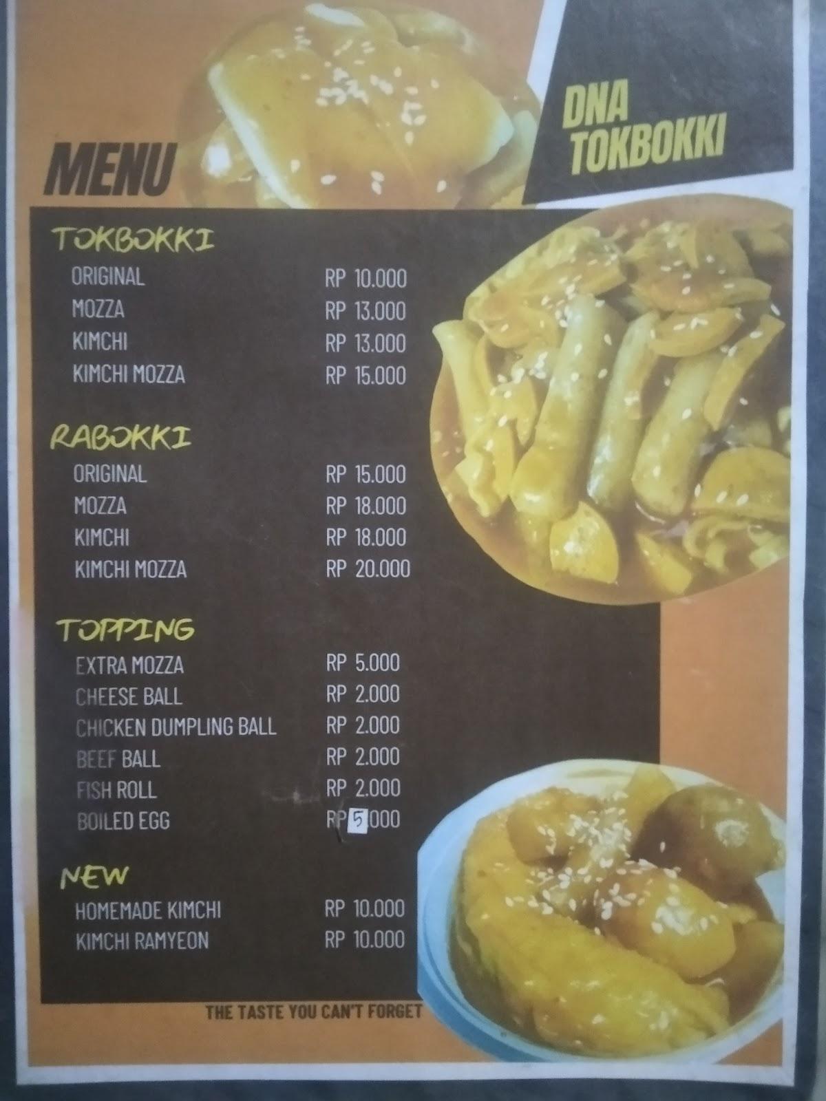 Menu at DNA Tobokki restaurant, Bekasi Regency