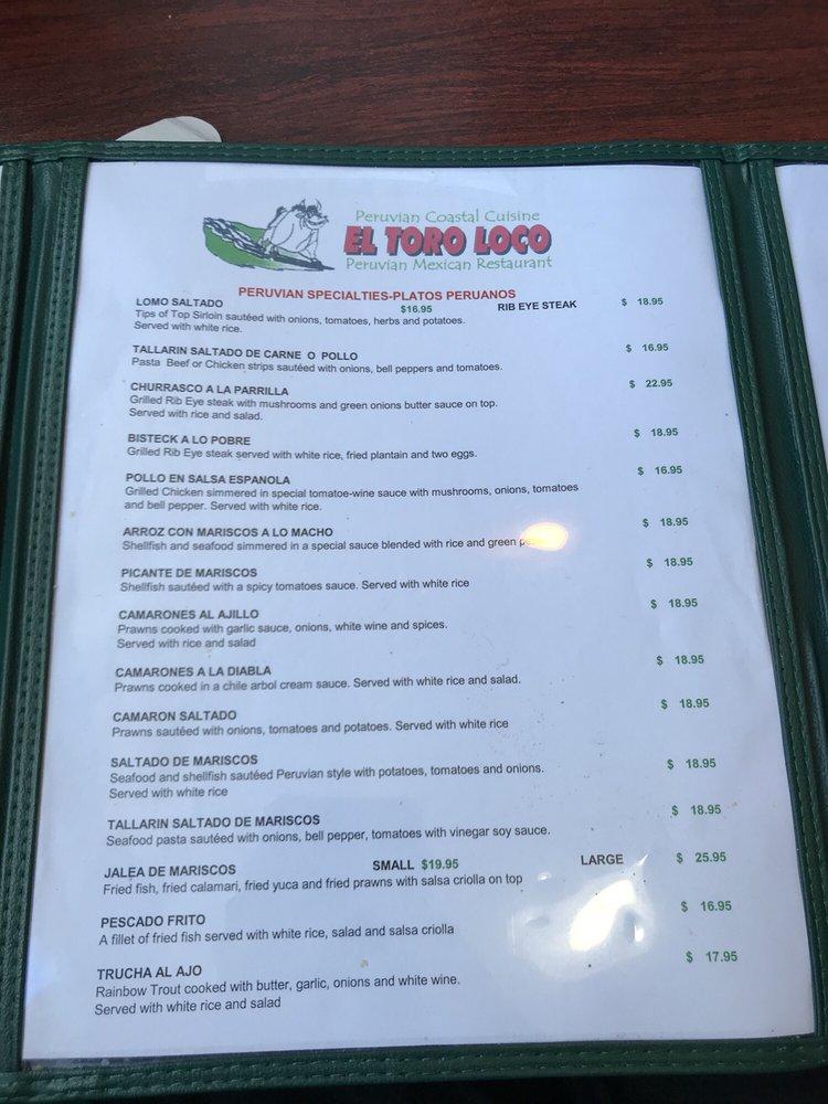 Menu at El Toro Loco restaurant, Pacifica, Francisco Blvd