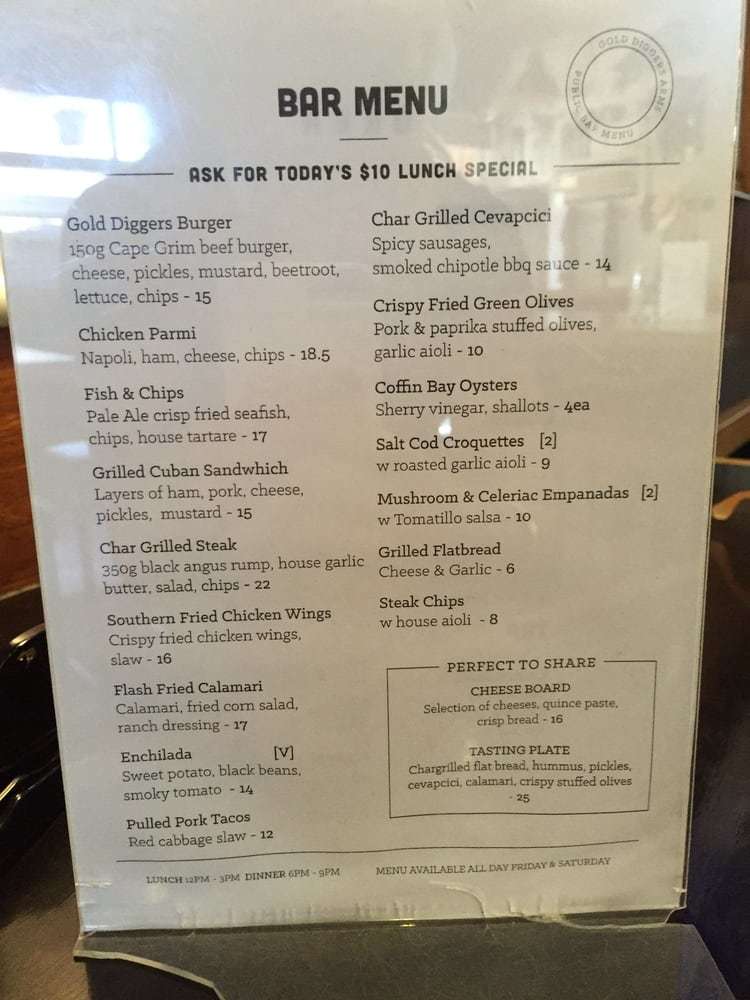 Carta del restaurante Gold Diggers Arms, Newtown