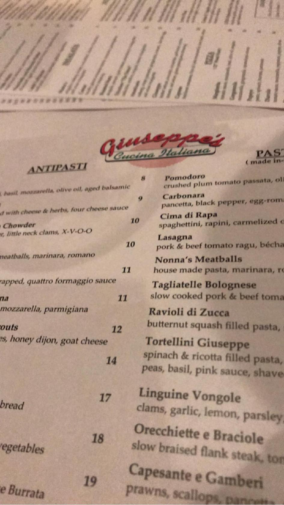 Menu at Guiseppis restaurant, Pismo Beach
