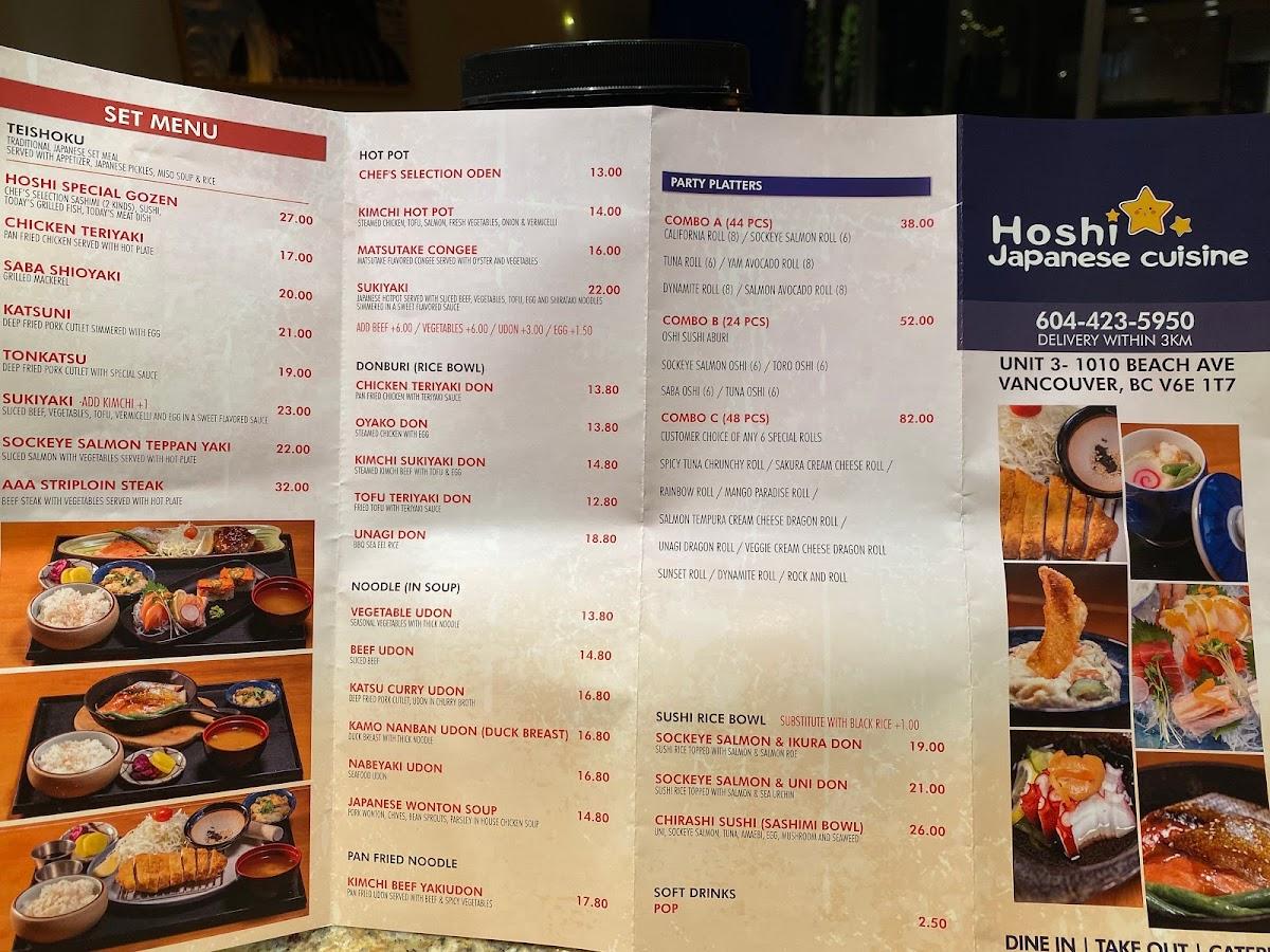 Menu at Hoshi Japanese Cuisine restaurant, Vancouver