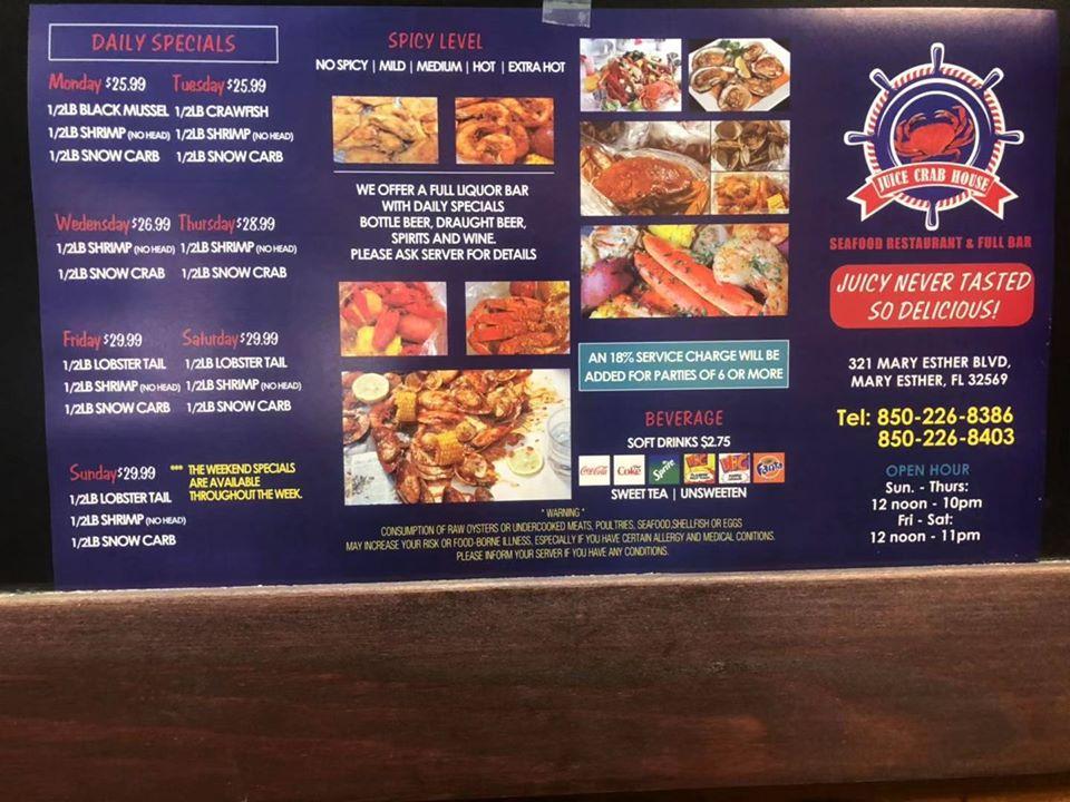 Menu at J.C. Seafood House pub & bar, Mary Esther