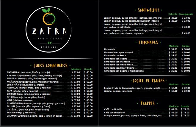 Menu at ZaFrA jugos y licuados restaurant, Monterrey, Manuel María del ...