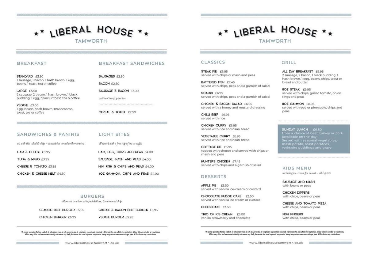Menu at Liberal House Tamworth pub & bar, Tamworth