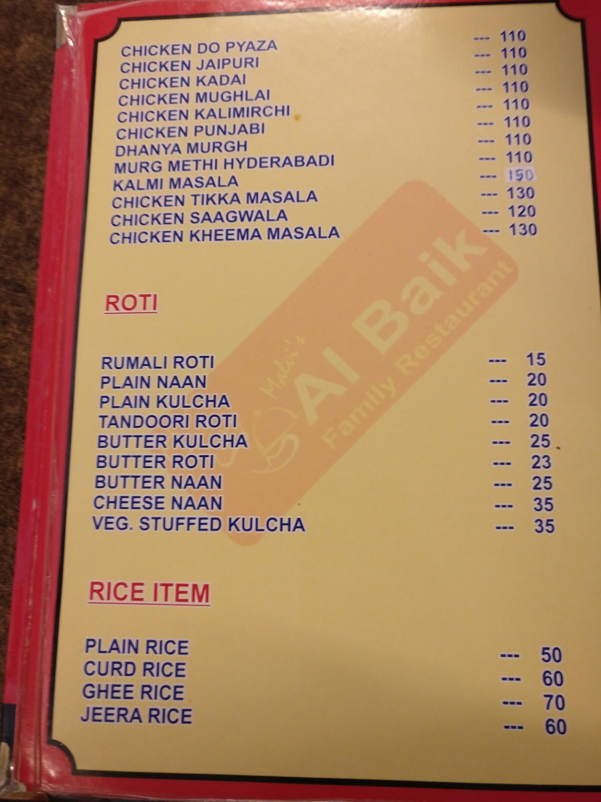 Menu at Malvi's Al Baik Family Restaurant, Davanagere