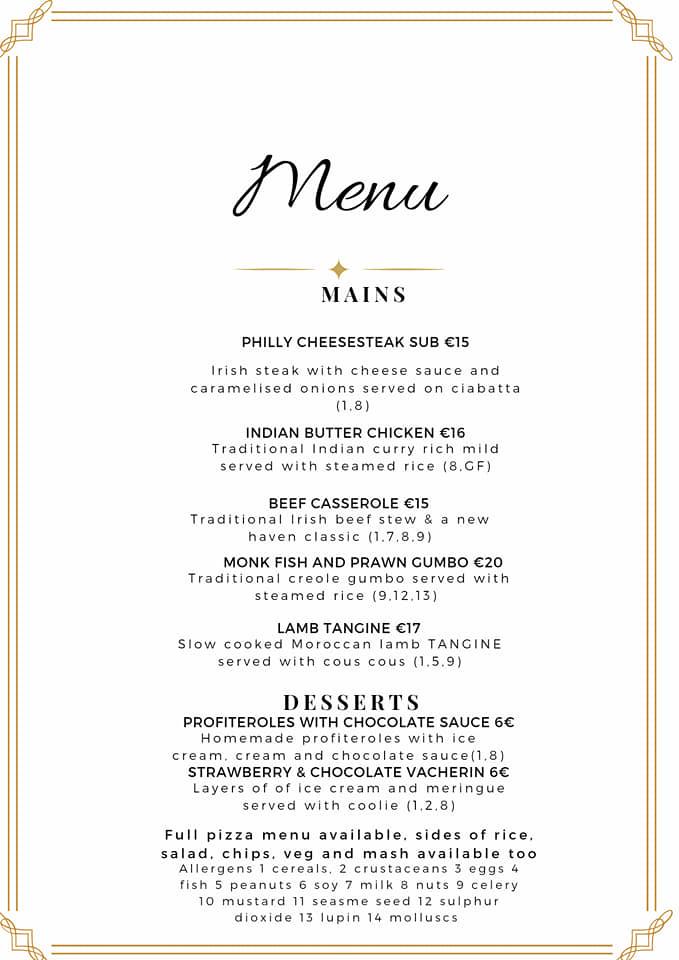 Menu at The New Haven restaurant, Schull