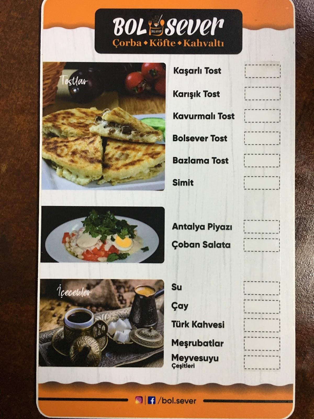 Menu at Bol Sever, Bolu
