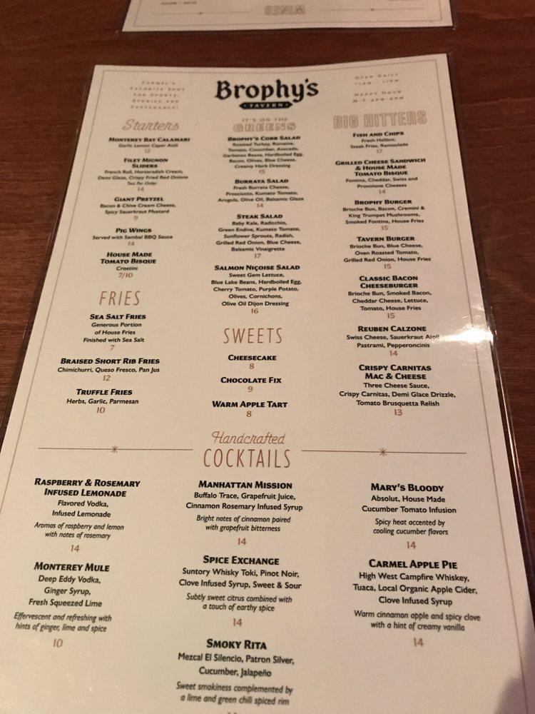 Menu at Brophy's Tavern pub & bar, Carmel-by-the-Sea