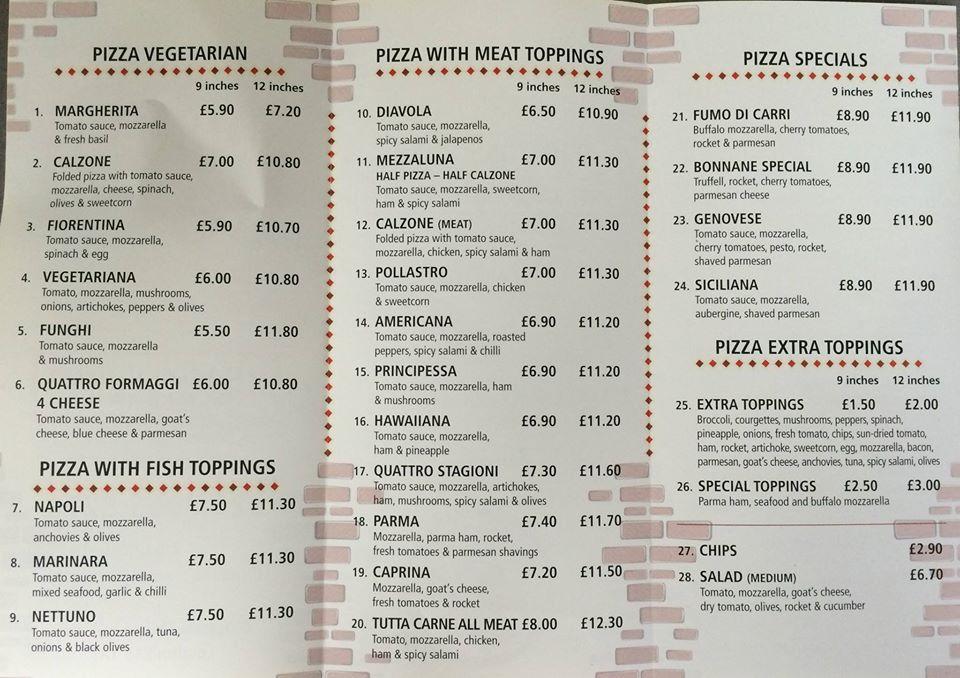 Menu at Bonnane Restaurant Pizzeria, London, Seagull Ln