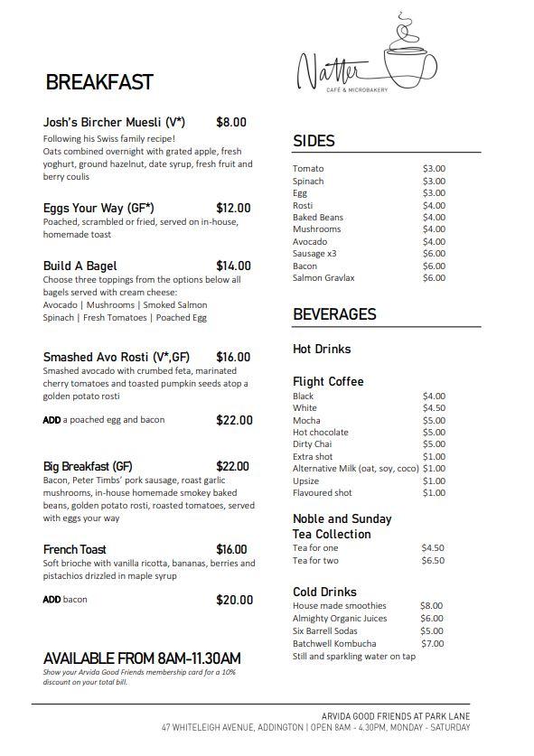 Menu at Natter Cafe & Microbakery, Christchurch