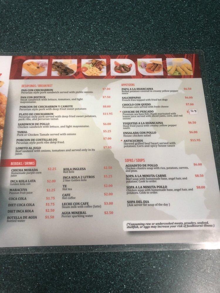 Menu at Peru Chicken restaurant, Las Vegas, E Tropicana Ave
