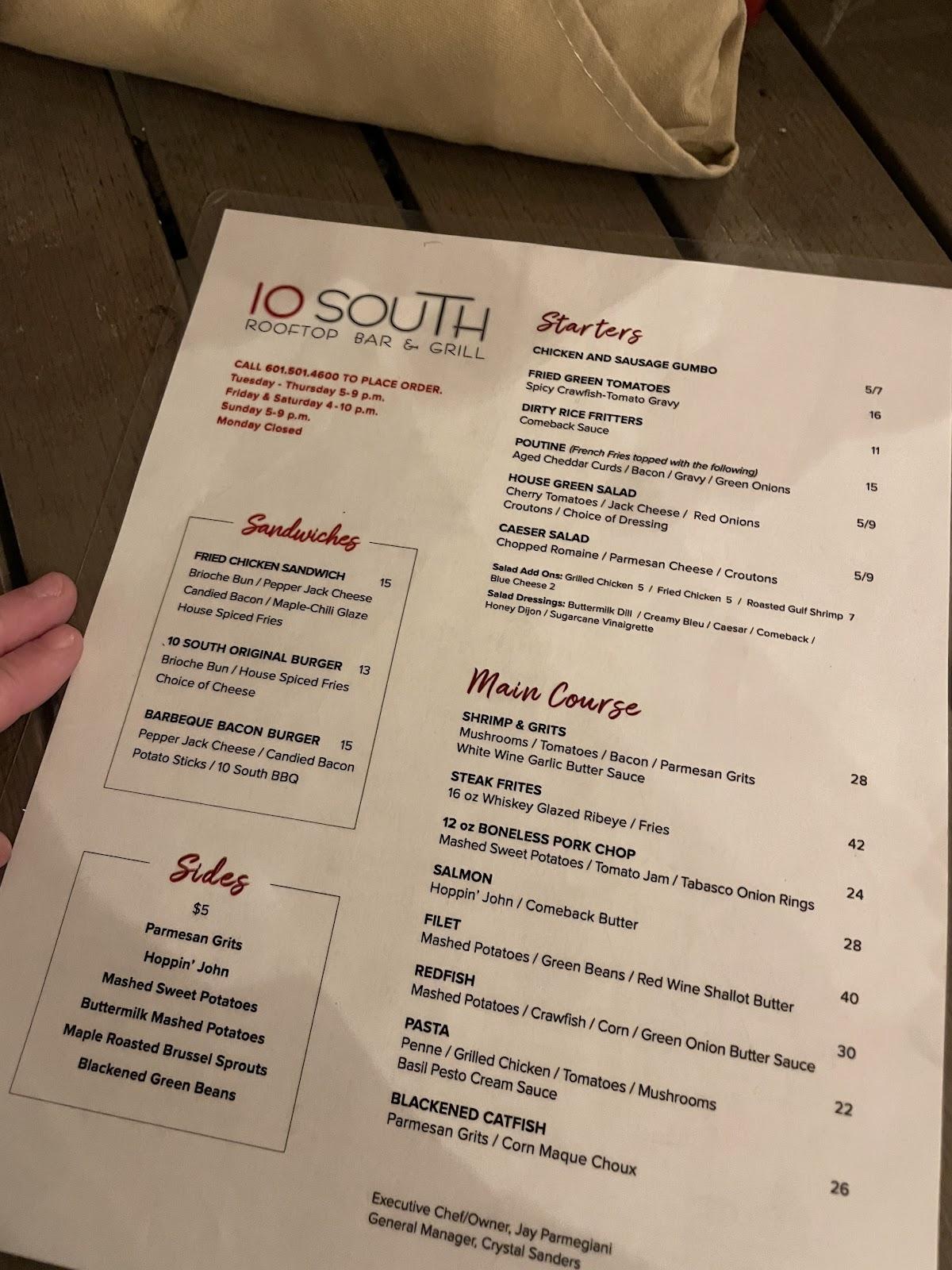 Menu at 10 South Rooftop Bar & Grill, Vicksburg, Washington St Floor 10
