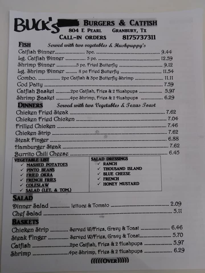 Menu at Catfish'd Shack restaurant, Granbury