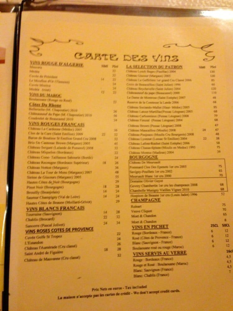 Menu at Chez Omar restaurant, Paris, 47 Rue de Bretagne