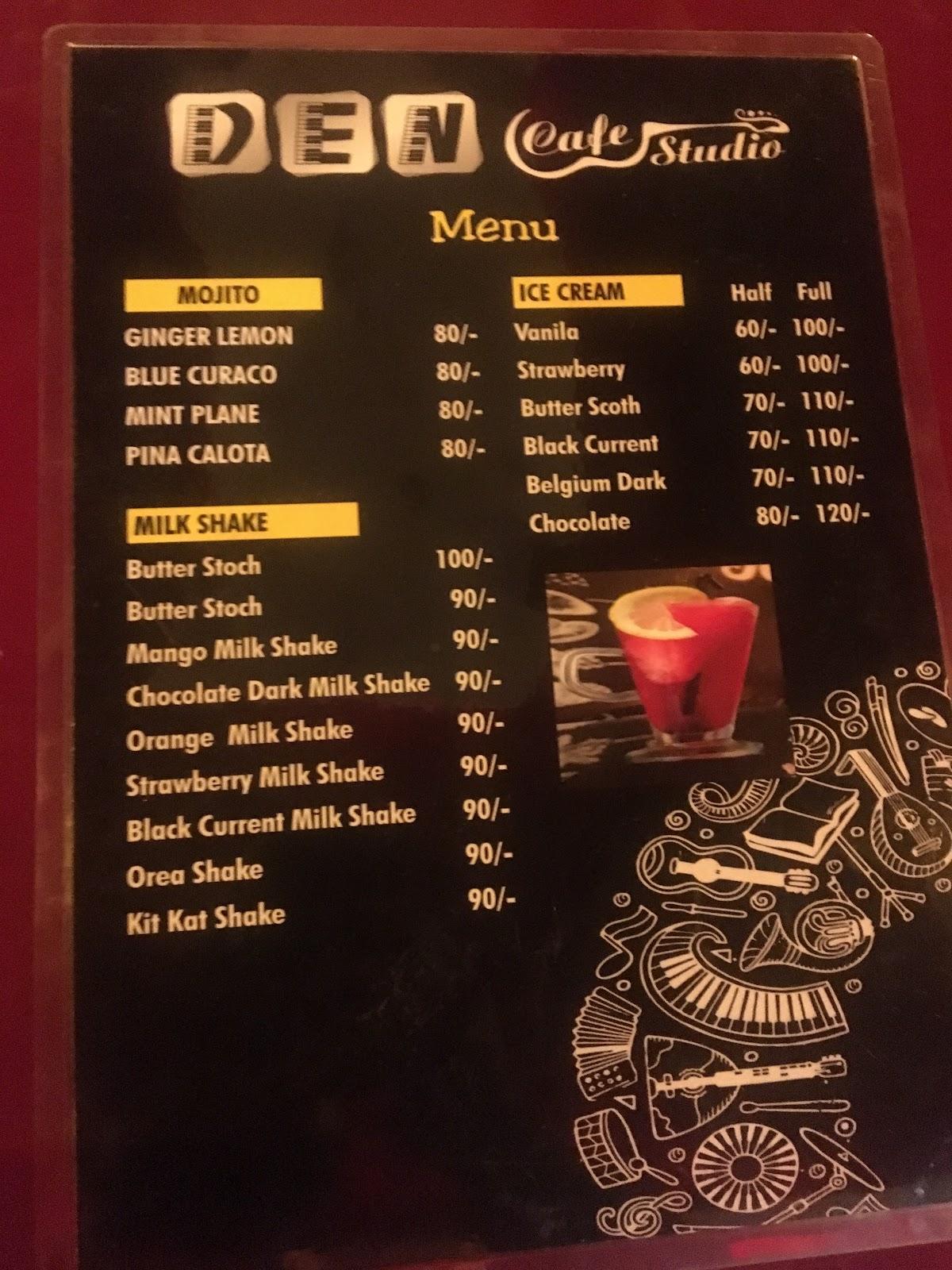 Menu at Den cafe and studio, Hyderabad