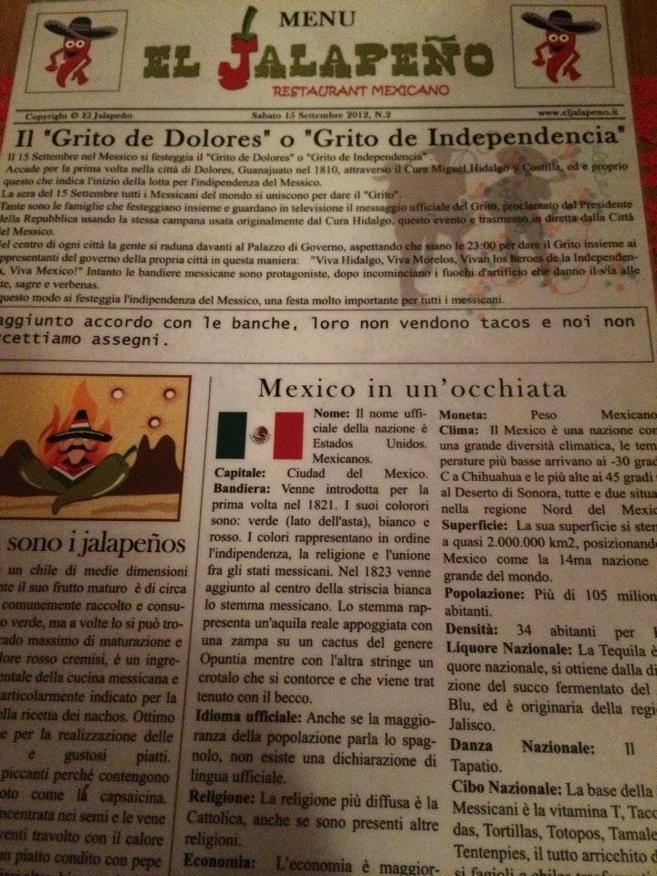 Menu at El Jalapeño restaurant, Villa Primavera, Via Adriatica