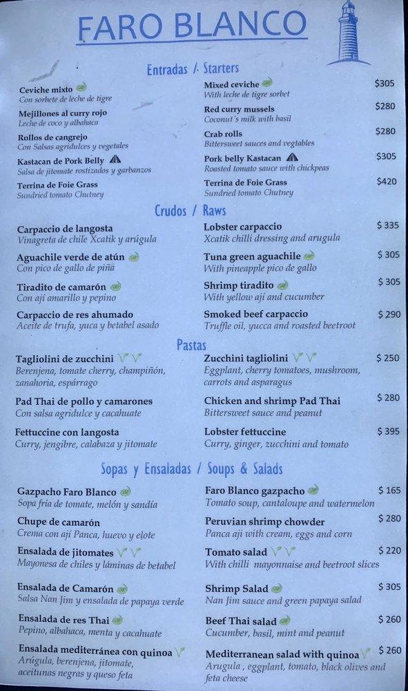Menu at Faro Blanco restaurant, San Miguel de Cozumel, Carrretera ...
