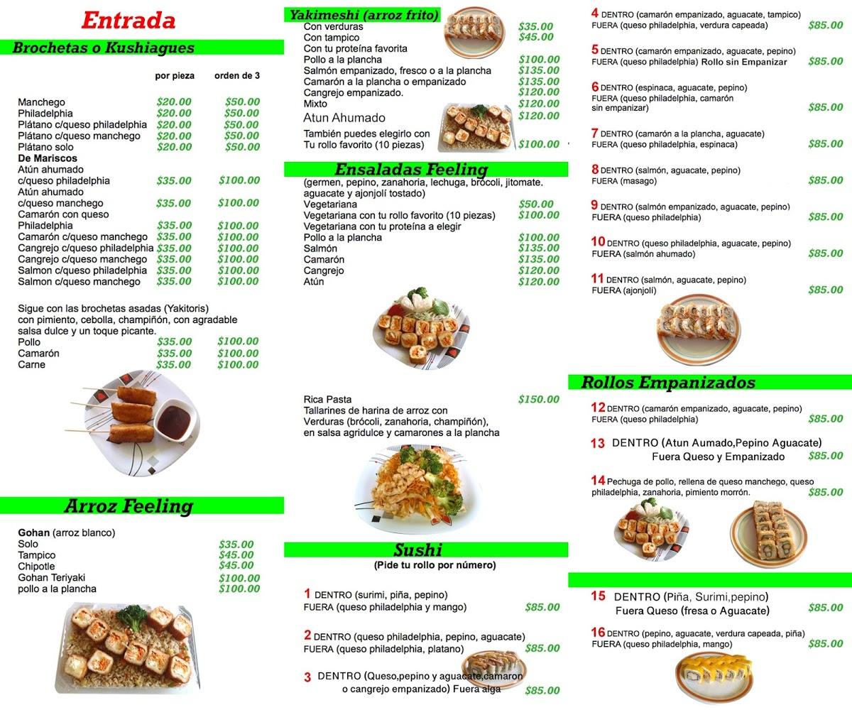 Menu at Feeling Sushi restaurant, Mexico