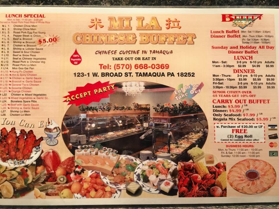 Menu at Mila Buffet restaurant, Tamaqua