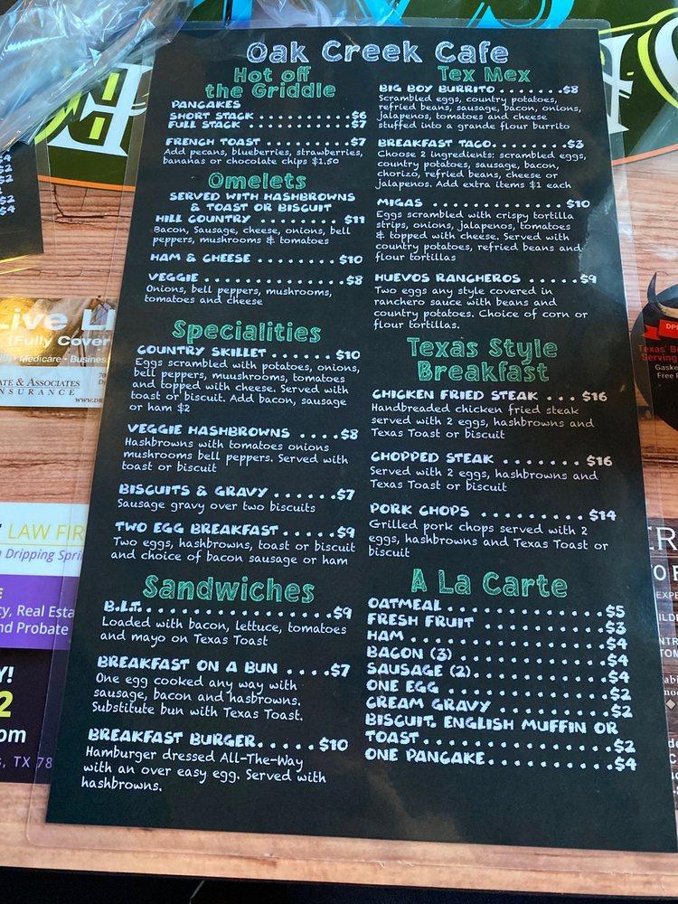 Menu at Oak Creek Cafe, Dripping Springs