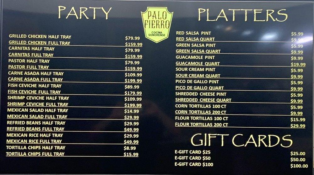Menu at Palo Fierro Tacos restaurant, Rancho Cucamonga