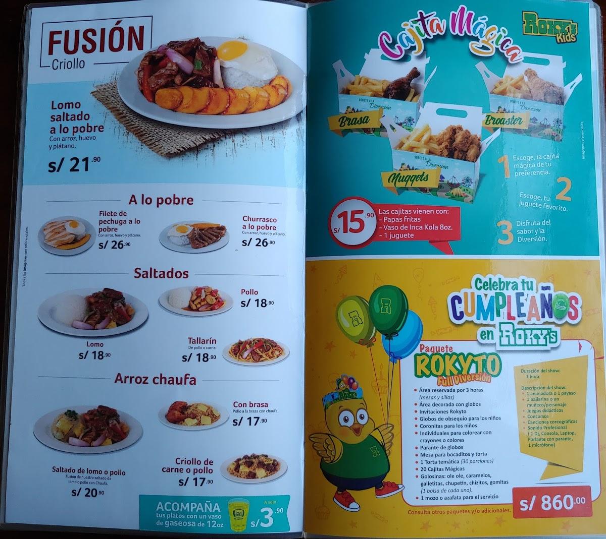 Menu at Polleria Roky's restaurant, Nazca