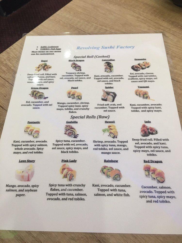 Menu at Revolving Sushi Factory restaurant, Kennesaw