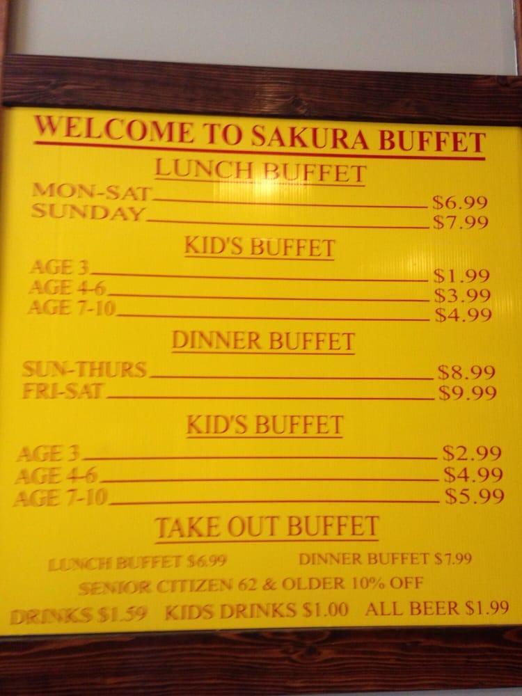 Menu at Sakura Hibachi restaurant, Cleveland