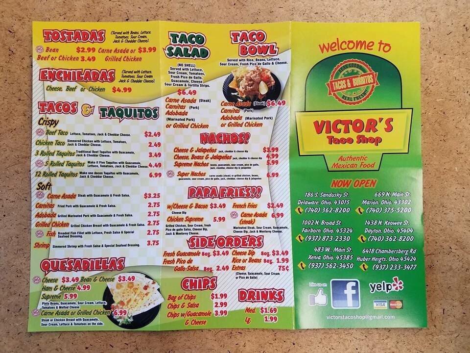 Menu at Victor's Taco Shop restaurant, Dayton, Chambersburg Rd