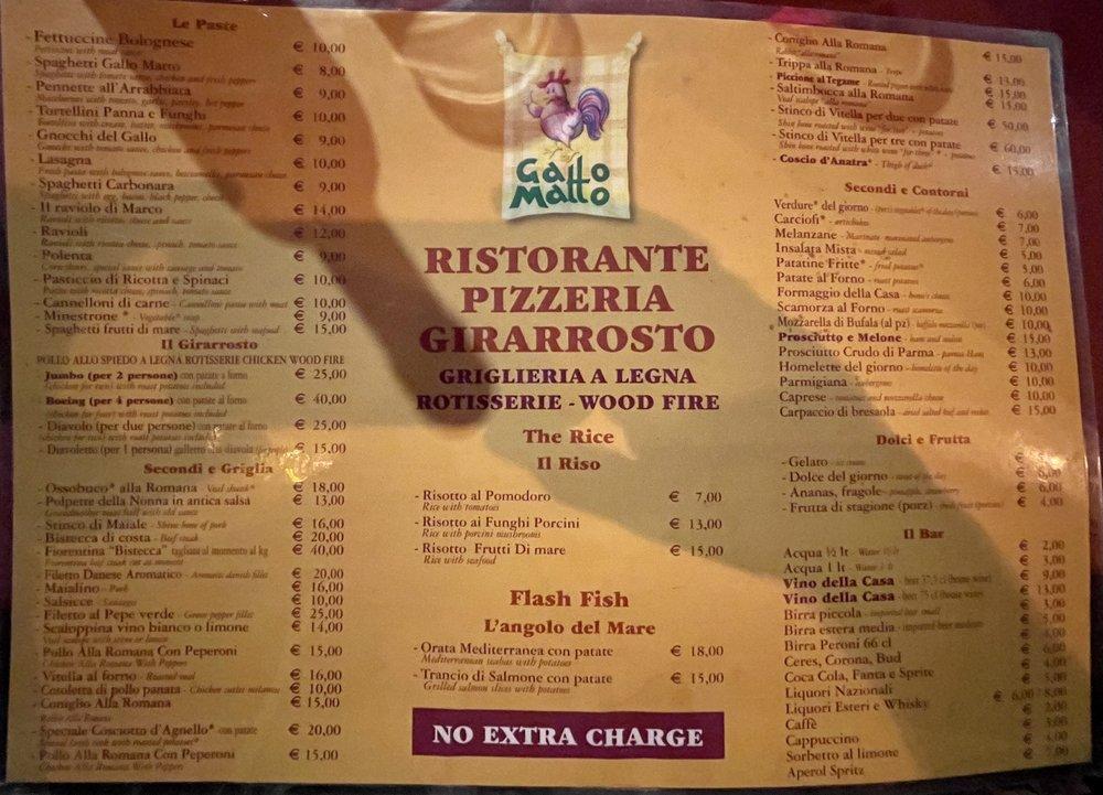 Menu at Gallo Matto restaurant, Rome, Via Cavour