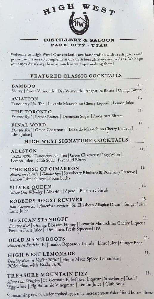 Menu at High West Saloon pub & bar, Park City