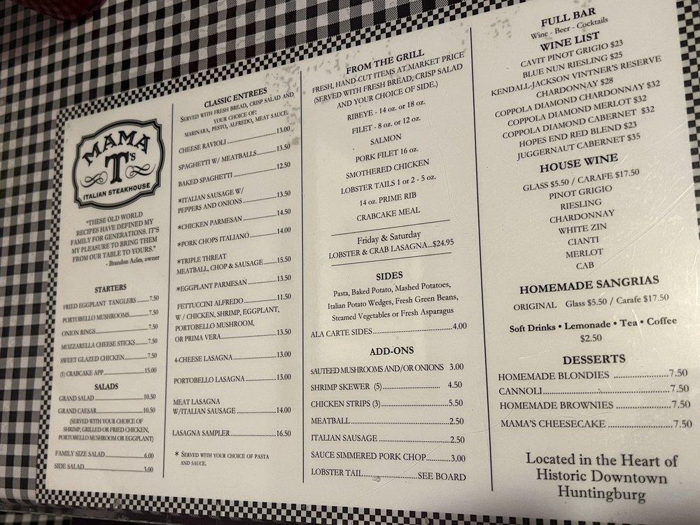 Menu at Mama T's Italian Steakhouse, Huntingburg