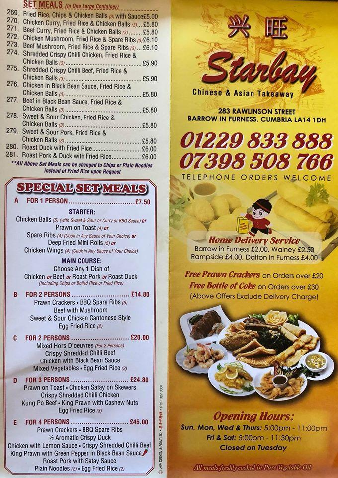 Menu at Starbay Chinese Takeaway, Barrow-in-Furness