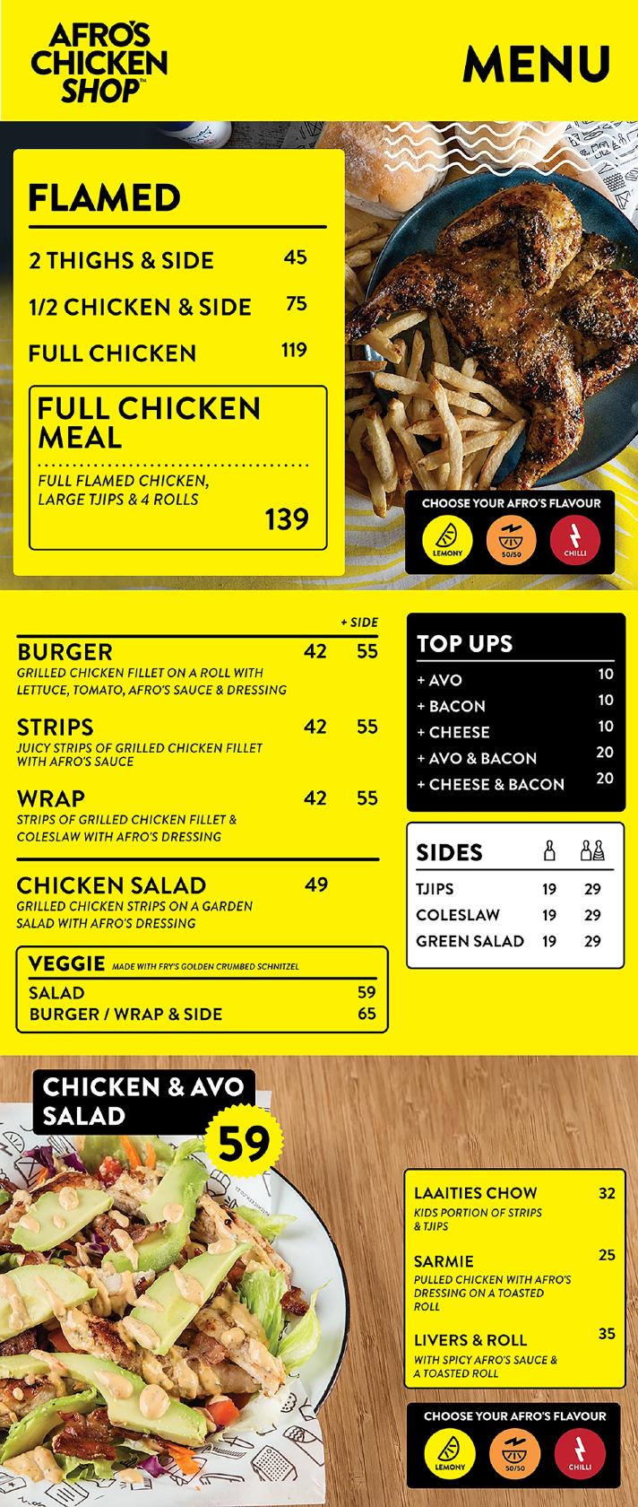Menu at Afro's Chicken restaurant, Durban