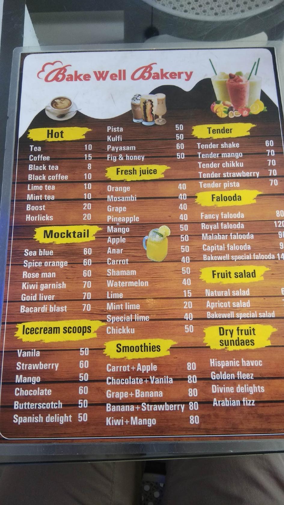 Menu at Bakewell Bakery, Kottakkal