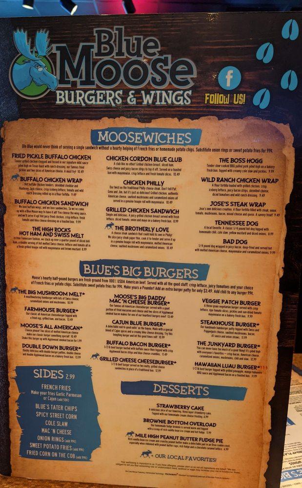 Menu at Blue Moose Burgers & Wings pub & bar, Pigeon Forge