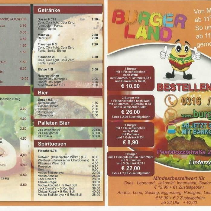 Speisekarte von Burger Land restaurant, Graz
