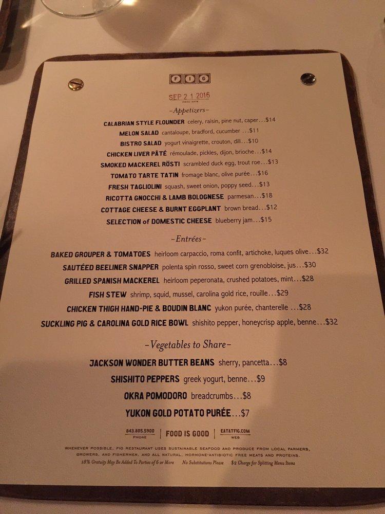 Menu at FIG pub & bar, Charleston