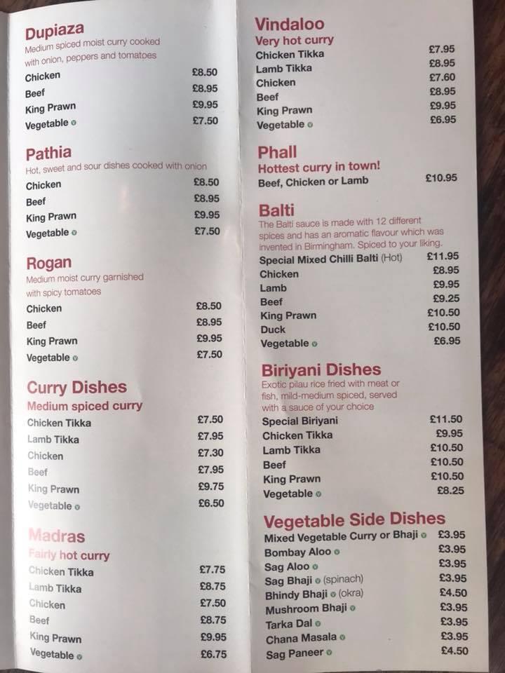 Menu at Indian-Thai restaurant, Brixham