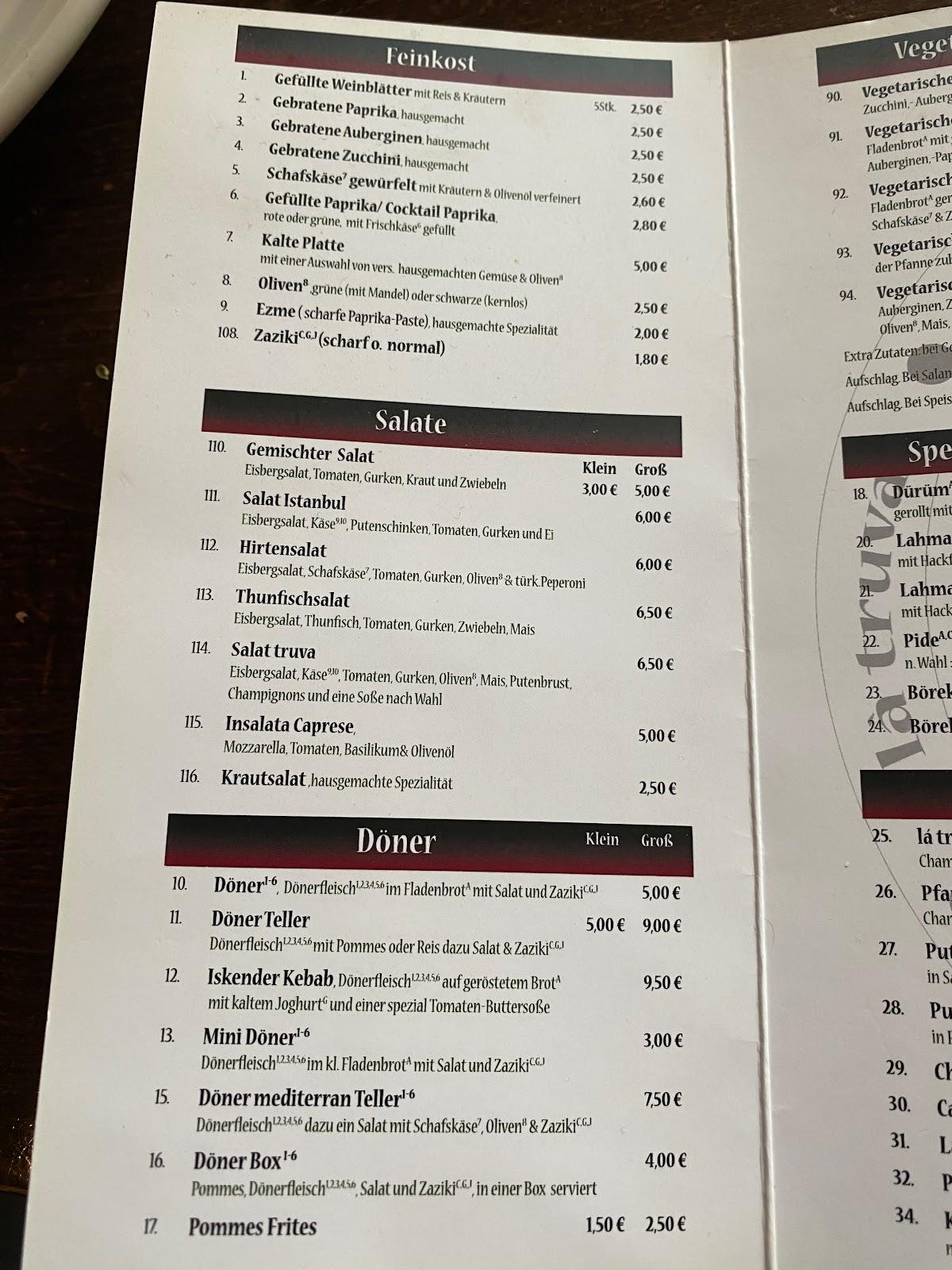 Menu at La Truva restaurant, Kassel