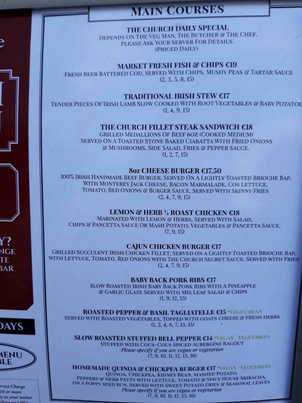 Menu at The Church Café Bar, Dublin, Jervis St