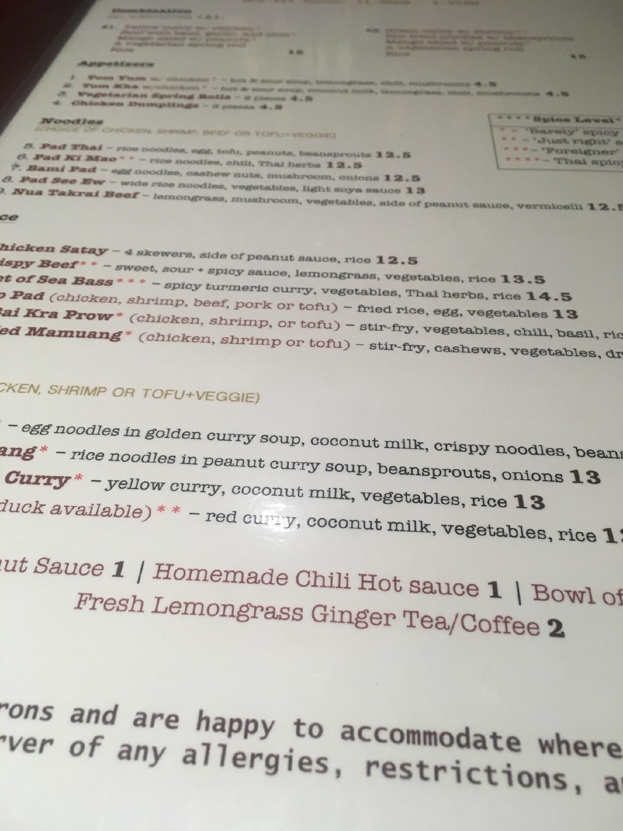 Menu at Anna Thai Cuisine restaurant, Ottawa