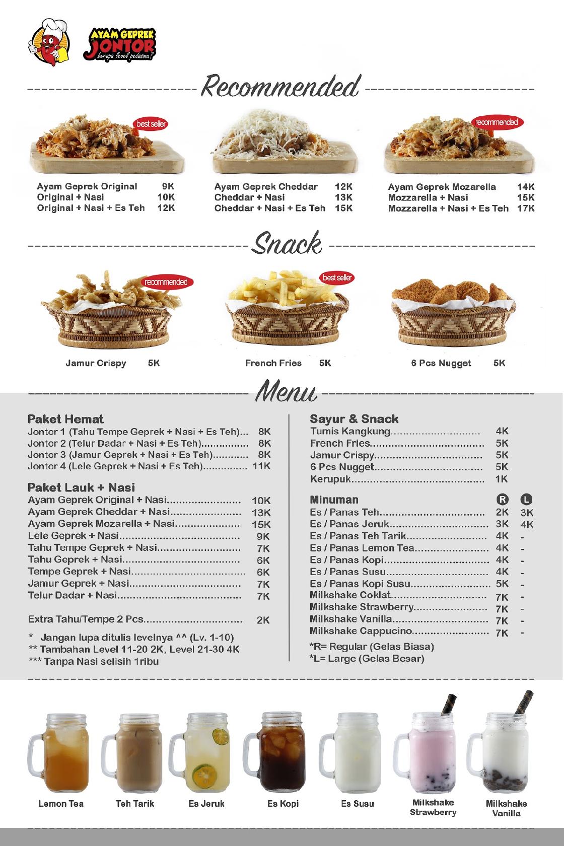 Carta del restaurante Ayam Geprek Jontor Patosan, Indonesia