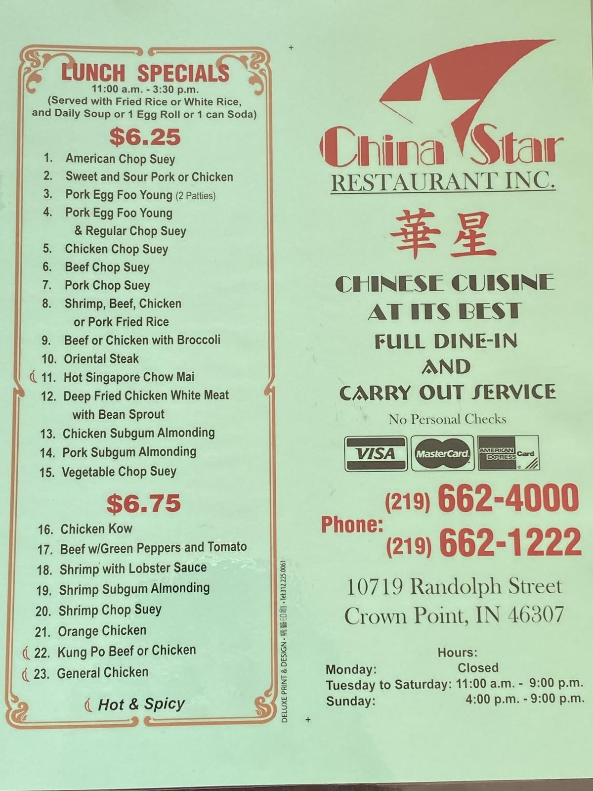 Menu at China Star restaurant, Lakes of the Four Seasons