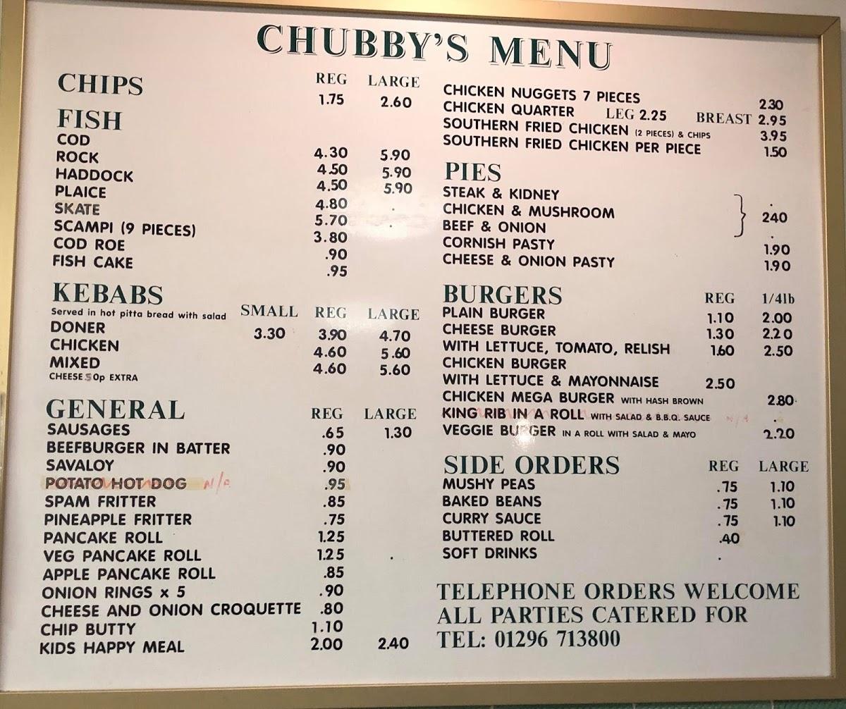 Menu at Chubby's Chippy fast food, Winslow